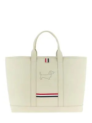 Thom Browne Pebble Grain Leather Tool Tote With Perforated Hector Detail - White