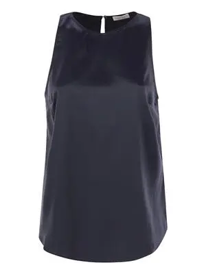 Brunello Cucinelli Stretch Silk Satin Top With Jewel Embellishment - Blue