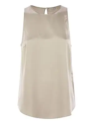 Brunello Cucinelli BRUNELLO CUCINELLI Stretch Silk Satin Top With Jewel Detail Cream