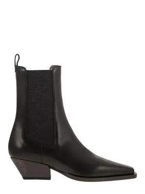 Brunello Cucinelli Classic Leather Chelsea Boots With Embellished Block Heels - Black