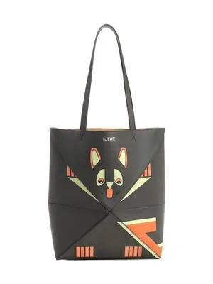 Loewe Medium Puzzle Fold Tote Bag In Calfskin Leather With Futurist Cat Motif - Brown
