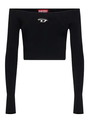 DIESEL® Black Ribbed Knit Off-the-shoulder Cropped Top - Multicolor