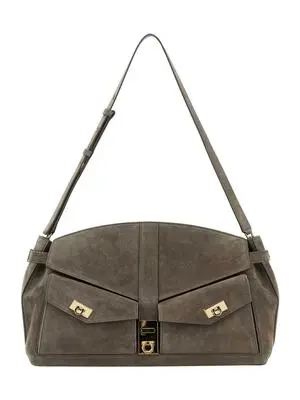 FERRAGAMO Grey Suede Shoulder Bag - Gray