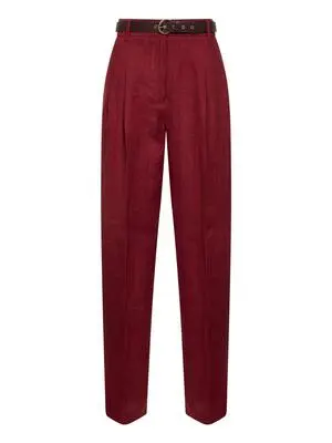 Max Mara Brick Red Faded Linen Twill Belted Wide-leg Trousers - Multicolor
