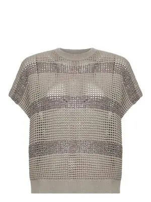 Brunello Cucinelli Cotton Net Knit Sweater With Sequins And Metallic Stripes - Multicolor