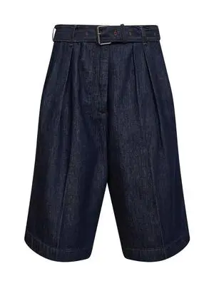 Dries Van Noten Indigo Denim Belted Pleated Bermuda Shorts - Multicolor