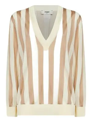 Fendi Beige Pequin Striped V-neck Sweater - Multicolor
