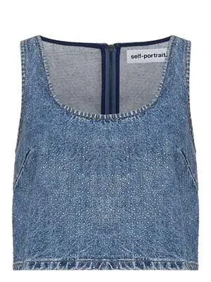 SELF-PORTRAIT SELF-PORTRAIT Blue Rhinestone Embellished Denim Crop Top Multicolor