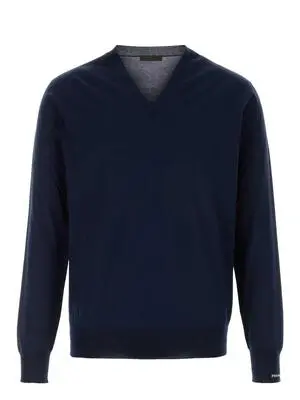 Prada Midnight V-neck 100% Cotton Sweater - Blue