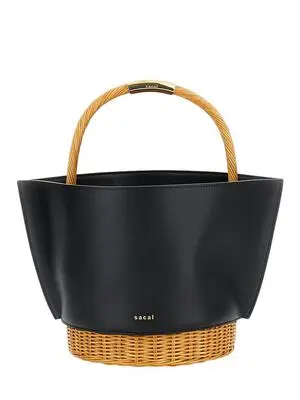 Sacai Medium Leather And Raffia Bucket Bag - Multicolor