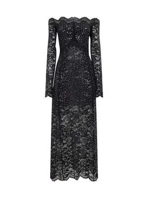 Rabanne Black Embroidered-sequins Stretch Lace Midi Dress - Multicolor