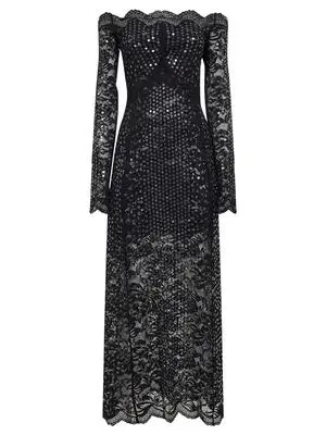 Rabanne Paco Rabanne Black Embroidered-Sequins Stretch Lace Midi Dress Multicolor