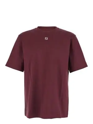 Fendi Bordeaux Crew Neck T-shirt With Ff Plate On The Front In Cotton - Multicolor