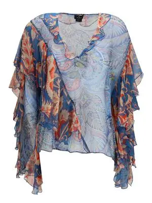 Etro Long-sleeve Silk Shirt With Ruffles And Floral Motif - Multicolor