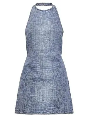 SELF-PORTRAIT SELF-PORTRAIT Blue Rhinestone Croc-Effect Denim Mini Dress Multicolor