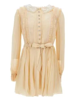SELF-PORTRAIT Pleated Georgette Mini Dress With Embellished Collar And Jeweled Buttons - Multicolor