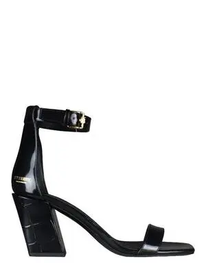 Burberry Leather Sandals With Crocodile Effect Heel And Gold Hardware - Black