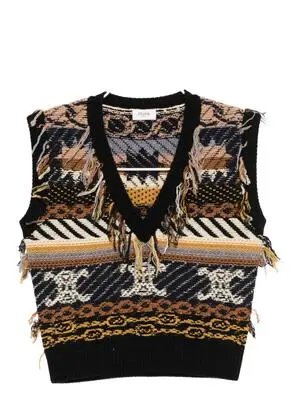 Celine Cashmere Jacquard Vest With Fringe Detail - Multicolor