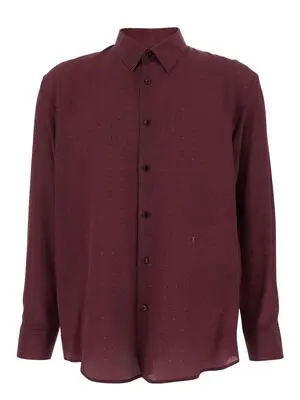 Saint Laurent Bordeaux Long-sleeved Shirt With Classic Collar And Micro Polka Dot Pattern In Silk For - Multicolor
