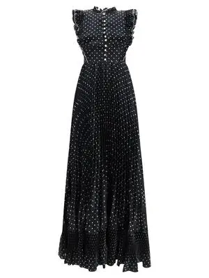 SELF-PORTRAIT Polka Dot Lace Trim Maxi Dress - Black