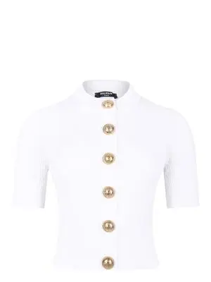 Balmain Ribbed Knit Short Sleeve Cardigan With Button Detail - Multicolor