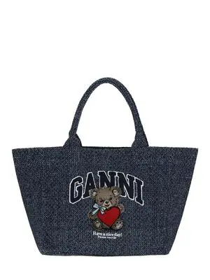 GANNI Medium Denim Tote Bag With Bear Motif - Blue