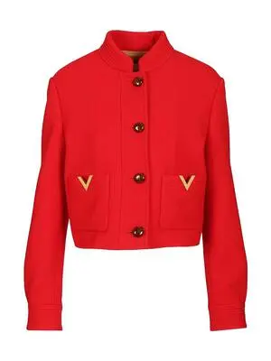 Valentino Garavani Cropped Peacoat In Drill Double With Gold V Detail - Red