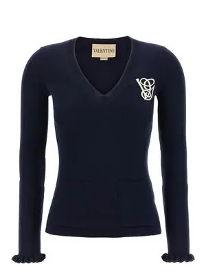 Valentino Garavani Embroidered V-neck Long Sleeve Sweater - Blue