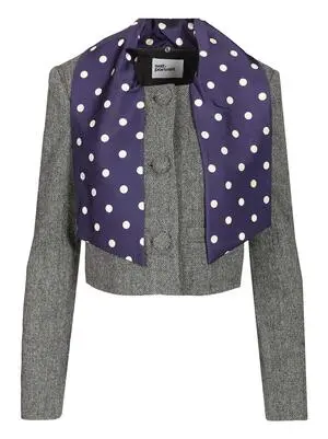SELF-PORTRAIT Wool Blend Herringbone Cropped Jacket With Polka Dot Scarf Detail - Gray