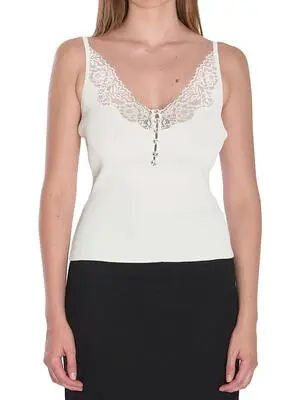 SELF-PORTRAIT Lace Trimmed V-neck Ribbed Tank Top - Multicolor