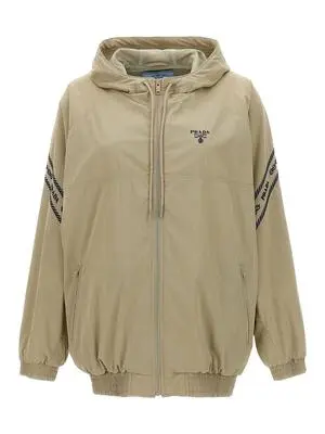 Prada Logo Detail Drawstring Hood Jacket - Cream