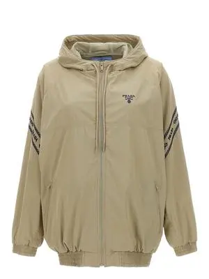 Prada Logo Detail Drawstring Hood Jacket - Cream