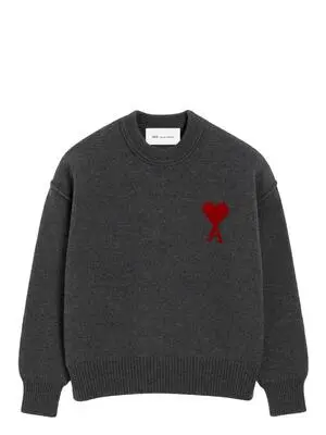 AMI Paris Heather Grey Wool Knit Crew Neck Jumper With Intarsia Heart - Gray