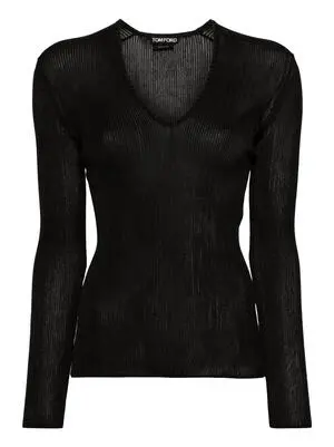 TOM FORD Sheer Ribbed V-neck Long Sleeve Top - Black