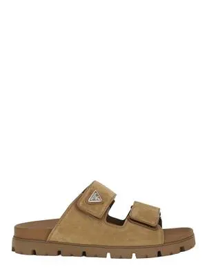 Prada Suede Sandals With Metal Triangle Logo - Brown