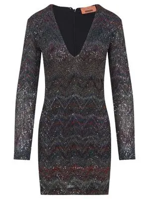 Missoni V-neck Sequin Embellished Zigzag Knit Dress - Multicolor