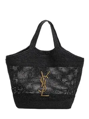 Saint Laurent Icare Raffia Bag With Oversized Casandre Motif - Black