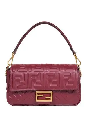 Fendi FENDI Burgundy Embossed FF Motif Calfskin Leather Baguette Shoulder Bag Multicolor