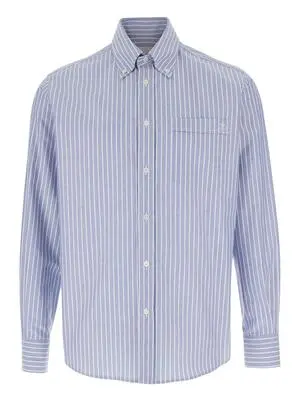 Valentino Garavani Light Blue Shirt With Logo Detail On The Front And All-over Striped Motif In Cotton - Multicolor