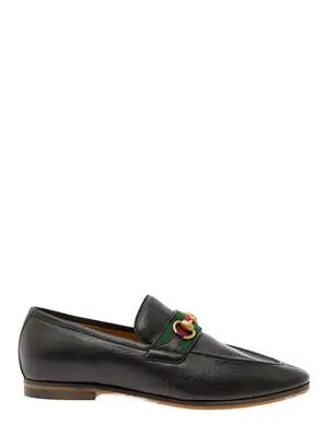 Gucci Black Leather Loafers With Web And Horsebit Detail - Multicolor