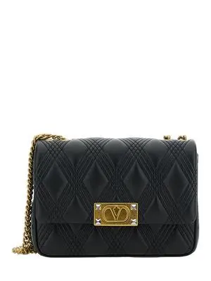 Valentino Garavani Quilted Leather Shoulder Bag With Vlogo Metallic Plate - Black