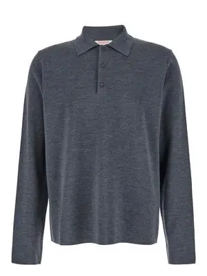 Valentino Garavani Grey Polo Shirt With Classic Collar And Long Sleeves In Wool - Multicolor