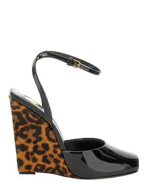 Saint Laurent Black Patent Leather Wedges With Animalier Print - Multicolor