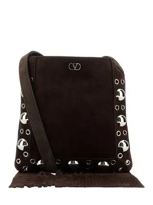 Valentino Garavani Suede Small Crossbody Bag With Silver Tone Hardware - Brown