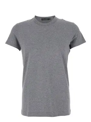 Dolce & Gabbana Grey Crewneck T-shirt With Tonal Logo Lettering Embroidery On The Front In Cotton Stretch - Gray