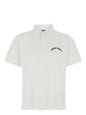 Palm Angels White Polo Shirt With Logo Lettering On Front And Rear In Cotton Piquet - Multicolor