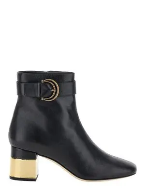 Chloé Chloé 'Alize' Black Leather Ankle Boots With C Buckle And Gold Block Heel Multicolor