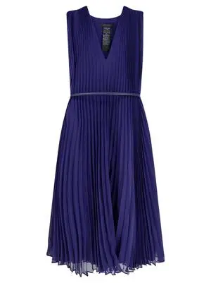 Max Mara MAX MARA Pleated Belted V-Neck Sleeveless Flared Dress Multicolor