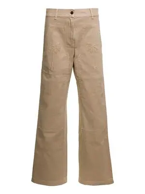 Palm Angels Beige Cotton Denim Cargo Pants With Embroidered Palm - Multicolor