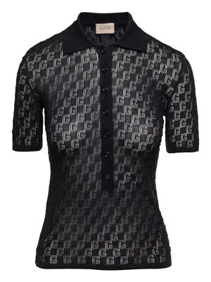 Gucci Black Cotton Silk Blend Gg Motif Polo Shirt - Multicolor